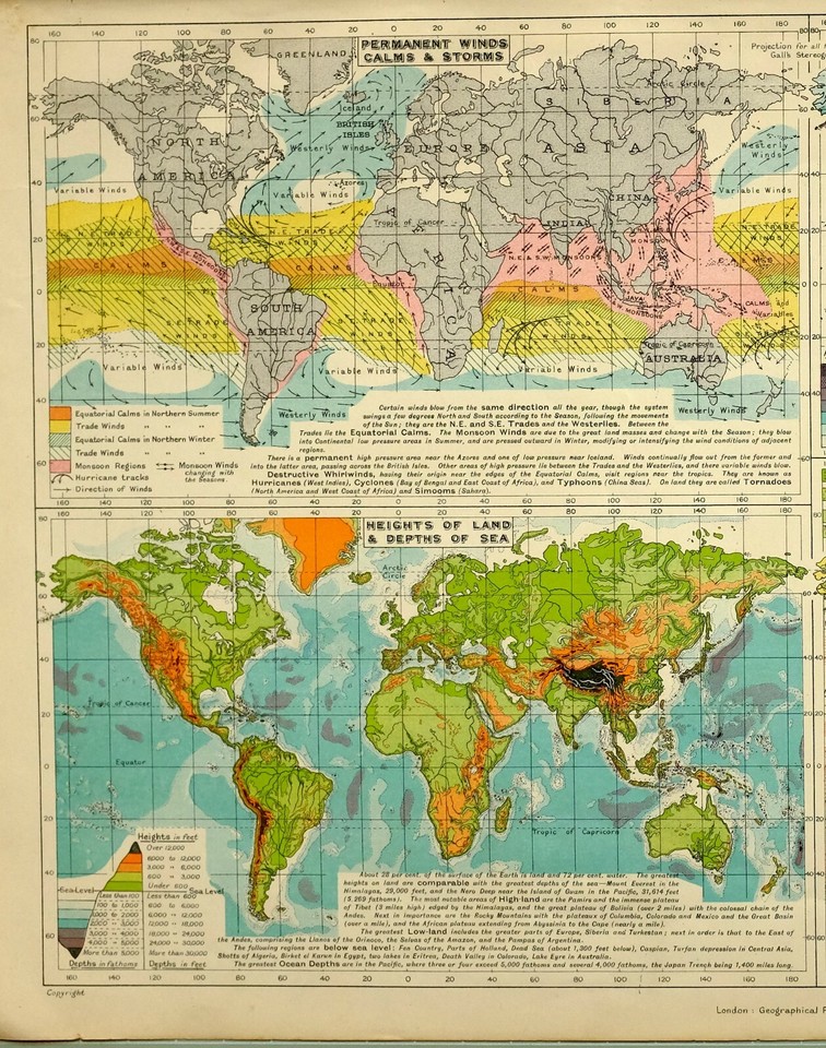 1909 Carte Monde Végétation Zones Annuel Pluviométrie Winds Calme ...