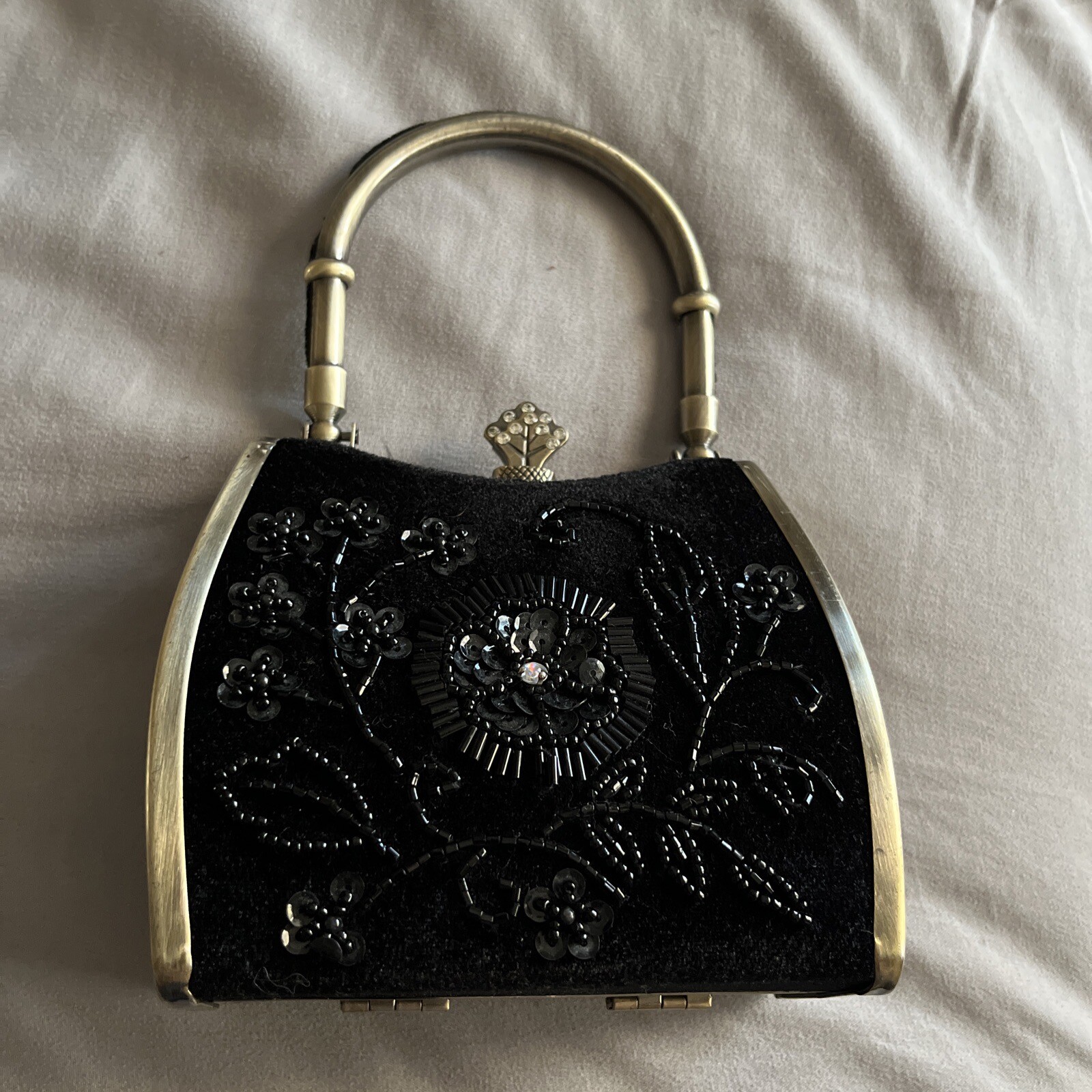 Ermo Collection Beaded Black Velvet/Velour Purse Clutch with brass ...