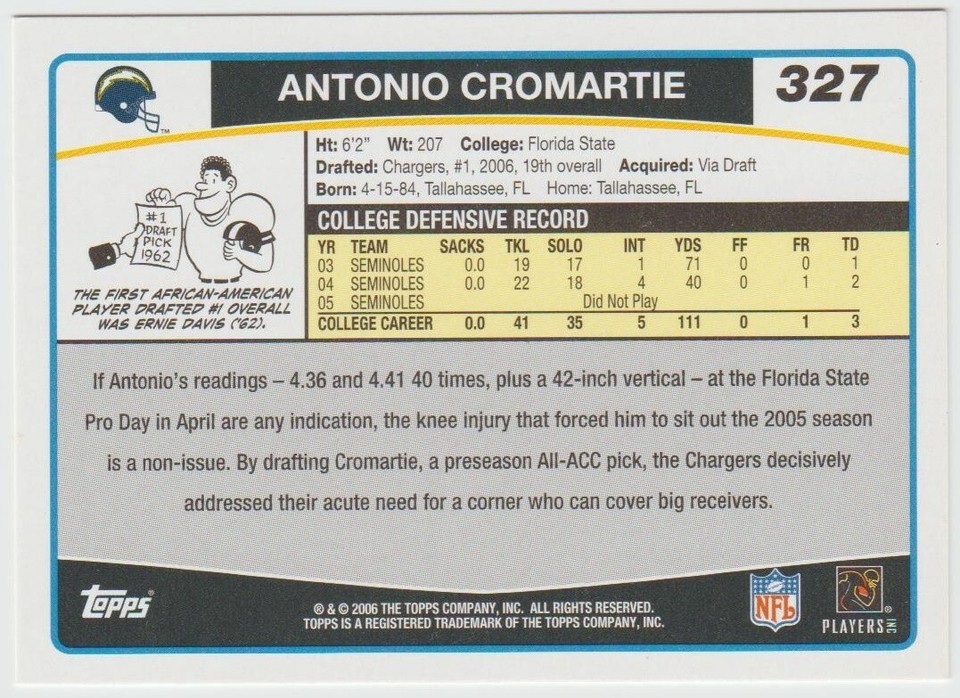 2006 Topps Football #327 Antonio Cromartie RC - San Diego Chargers | eBay