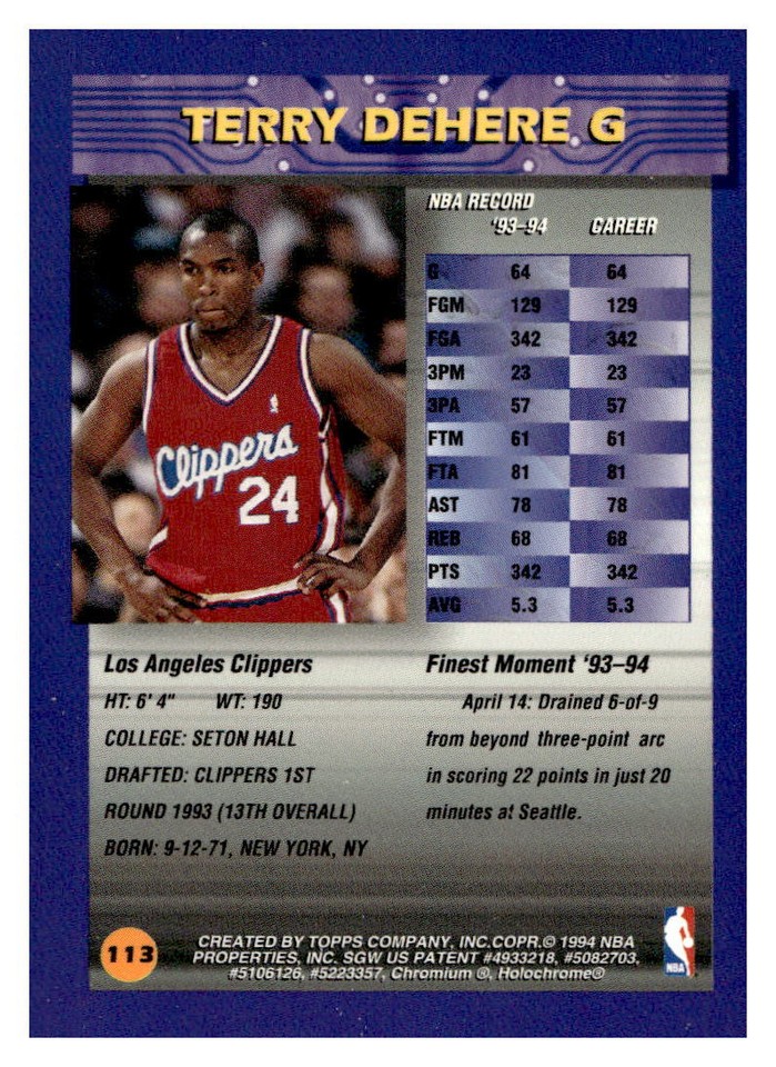 1994 Finest 113 Terry Dehere Los Angeles Clippers Basketball Card | eBay