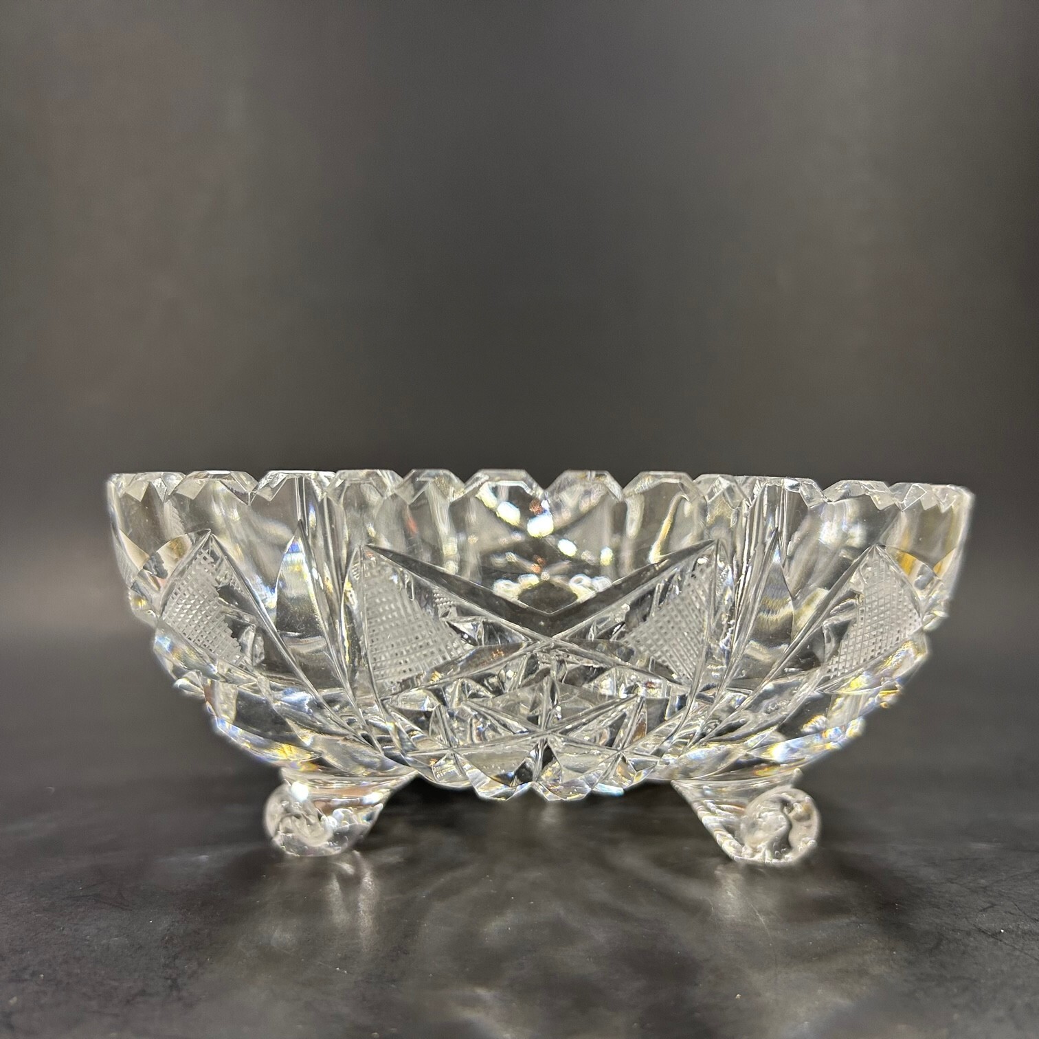 European Cut Crystal Nut Dish with Scalloped Toothed Edge 3 Applied ...