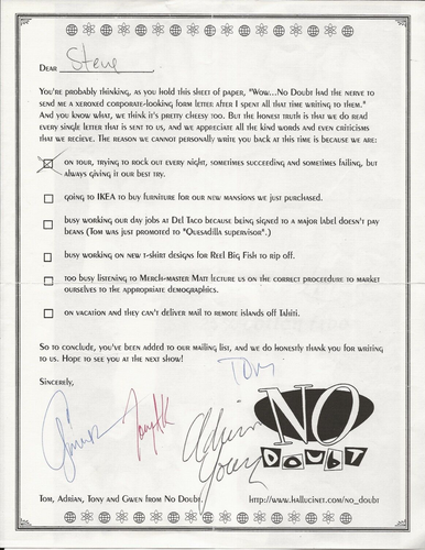 No Doubt band REAL hand SIGNED vintage Mailing List Letter JSA LOA Gwen ...