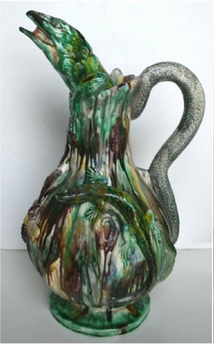 Pretty/Old Palissy Ware Majolica Jug with Snake Handle & Lizard Spout ...