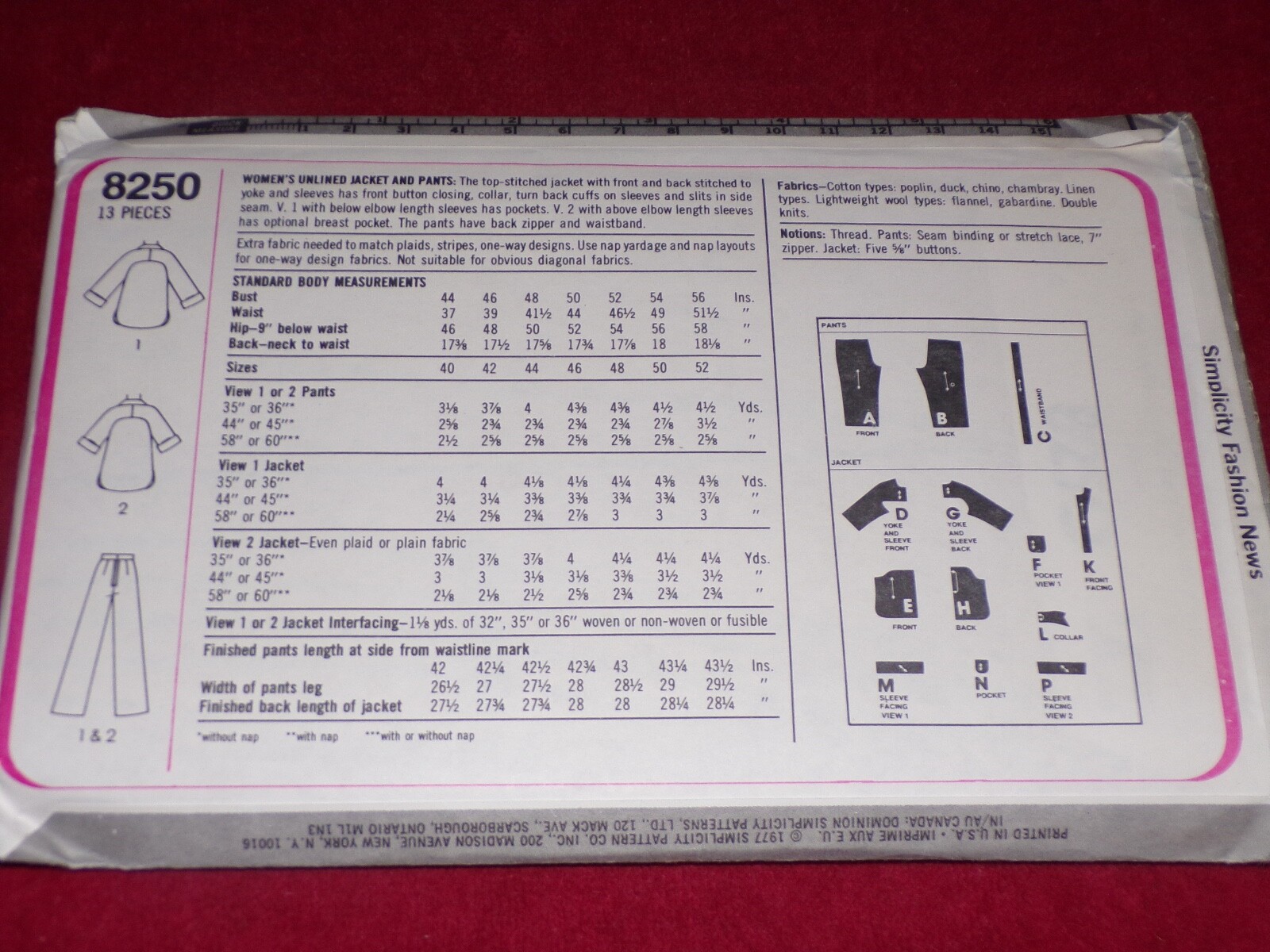 🌼 UNCIRCULATED 1977 SIMPLICITY #8250 - LADIES PANTS - JACKET PATTERN 40 ...