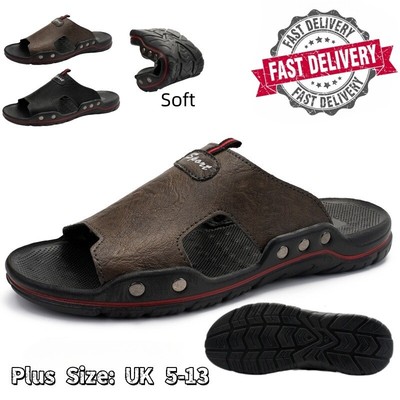 Men's Leather Slides Open Toe Outdoor Slippers Summer Fisherman Slip On ...