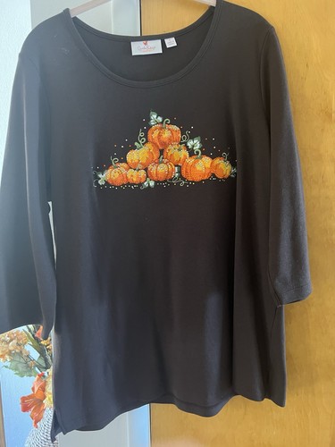 Quacker Factory Pumpkin Embroidered Shirt | Brown Halloween ...