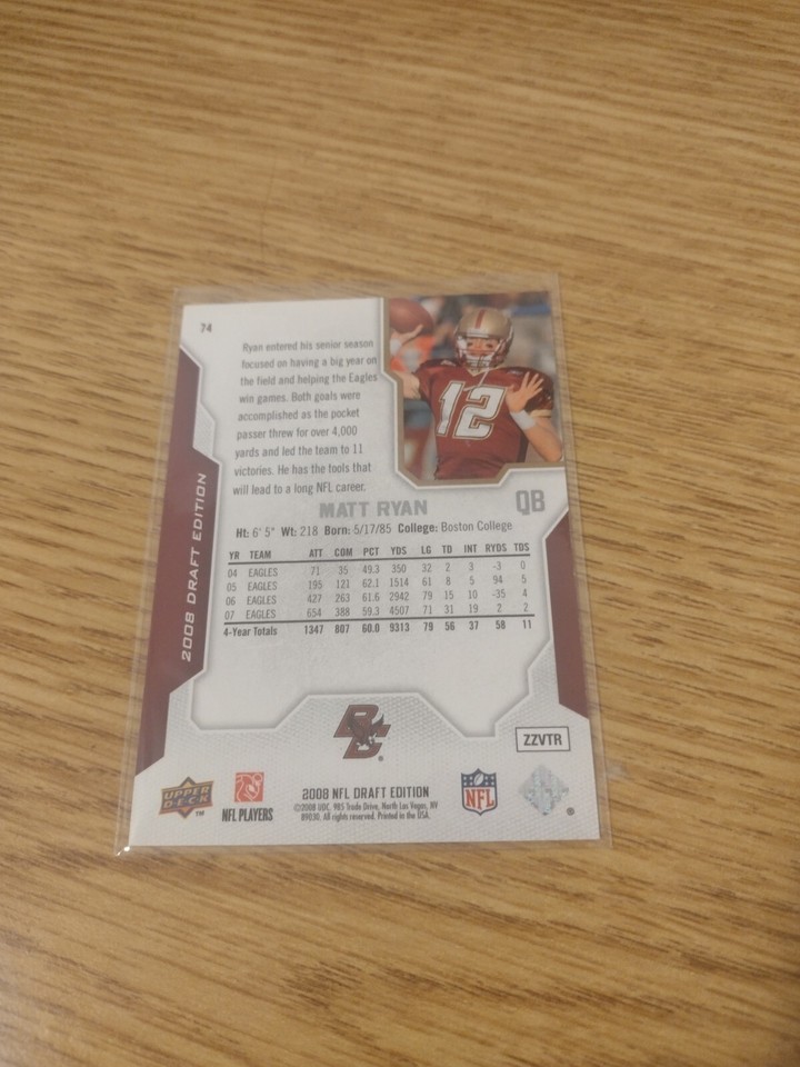 2008 UD NFL Draft Edition MATT RYAN (RC) Boston College Atlanta Falcons ...