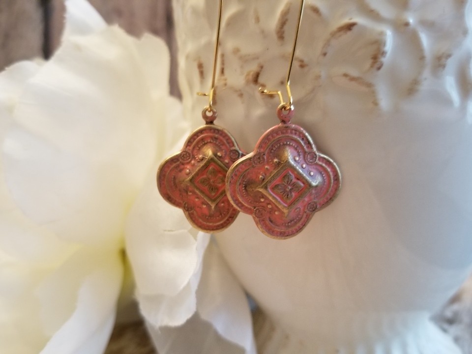 Quatrefoil dangle earrings, coral patina gold bohemian gypsy concho ...