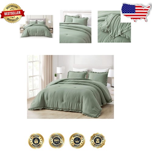3-Piece Sage Green Comforter Set Queen - Soft Microfiber with All ...