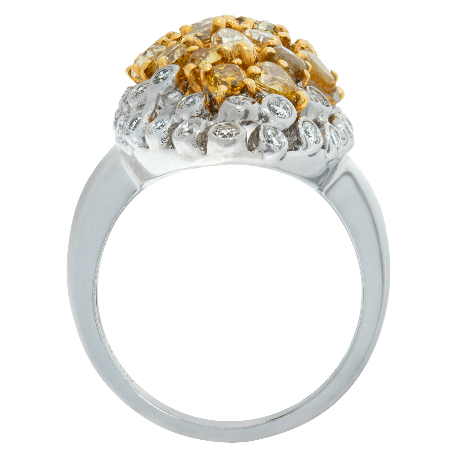 Almond shaped unique 18K White gold ring with white and fancy yellow ...