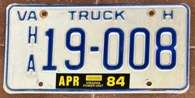 Virginia 1984 TRUCK FOR HIRE License Plate # 19-008 | eBay