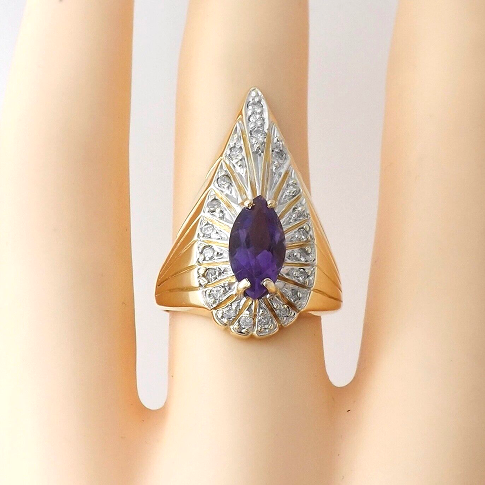 Erte 14k Gold Natural Amethyst Diamond Ring Marquise Setting Peacock ...