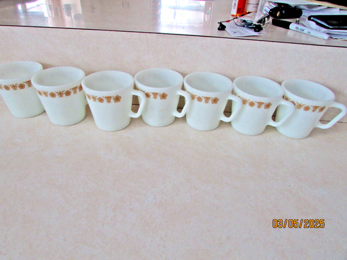 Pyrex Milk Glass Butterfly Gold D Handle Coffee Mugs Cups 1410 Set of 7 ...