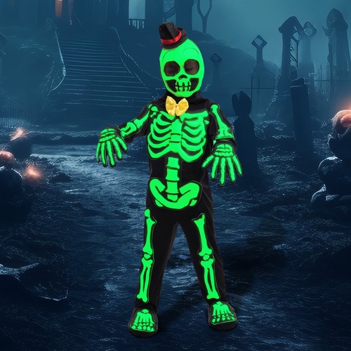 Glows in the Dark Skeleton Costume for Kids, Black Skelebones Jumpsuit ...