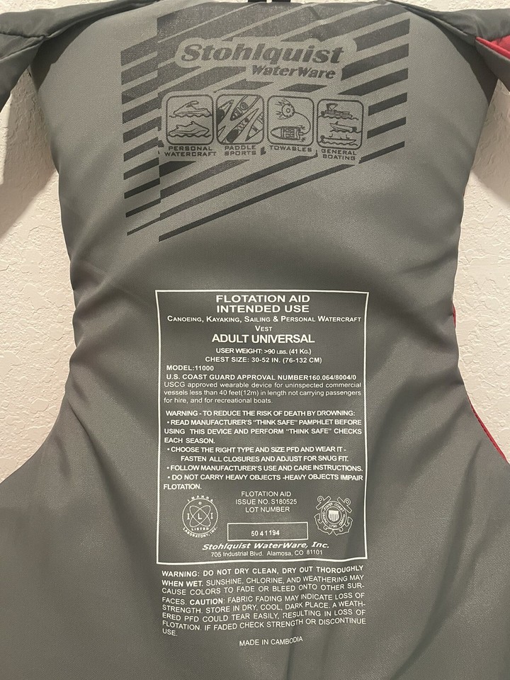 NEW Stohlquist Waterware Fit Adult PFD Life Vest Red, Size (30"-52 ...