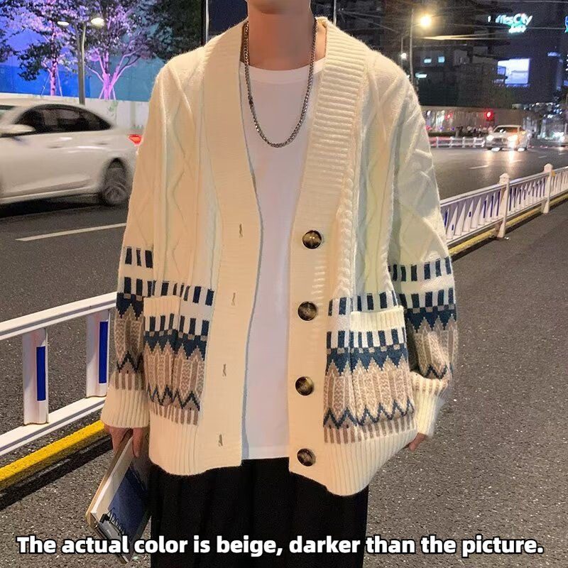 Mens Knitted Jumper Cardigan Sweater Japanese Ethnic Thermal Knitwear ...