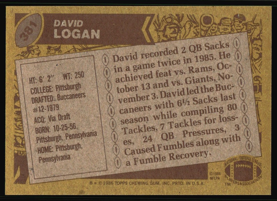 1986 Topps David Logan #381 Tampa Bay Buccaneers | eBay