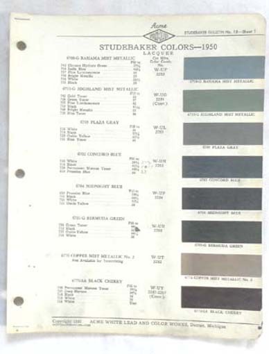 1950 STUDEBAKER ACME COLOR PAINT CHIP CHART ALL MODELS ORIGINAL | eBay