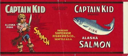 OLD ALASKA ONE POUND PINK SALMON LABEL SHOWING PIRATE BOY: CAPTAIN KID ...
