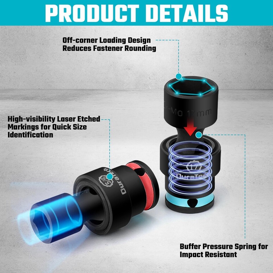 DURATECH 14PCS 3/8" Swivel Socket Set Shallow Universal Impact Socket ...