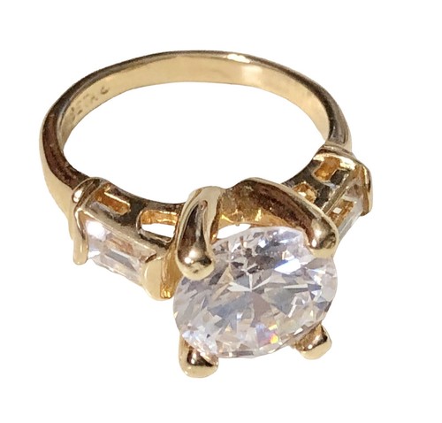 SETA CZ Ring Solitaire W/Baguettes 18K Gold Plated Wedding Engagement ...