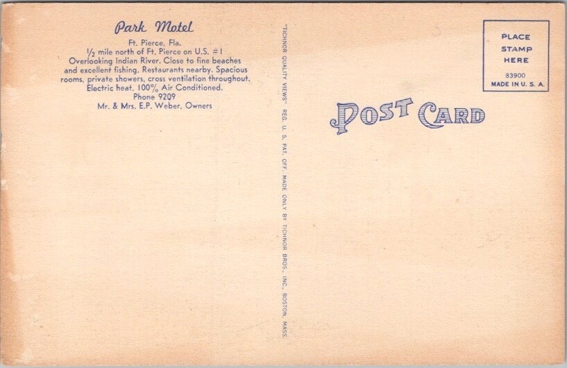 Fort Pierce, Florida Postcard PARK MOTEL Highway Route 1 Roadside Linen ...