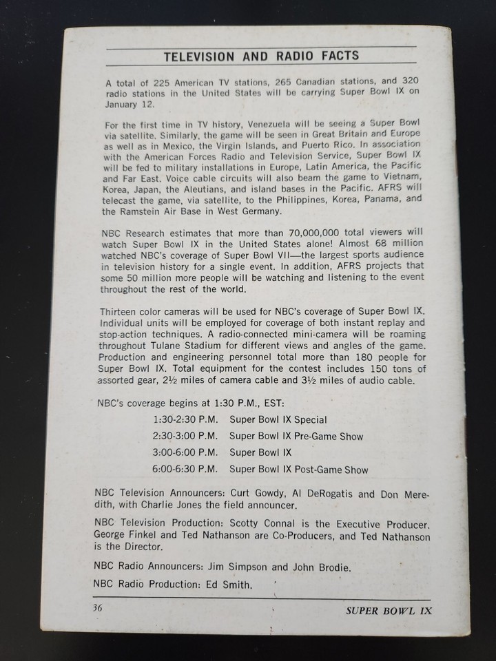 Pittsburgh Steelers VS Minnesota Vikings Super Bowl IX Program 1975 NFL ...