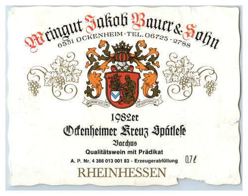 1982 Weingut Jakob Bauer & Sohn Odenheimer Kreuz German Wine Label ...