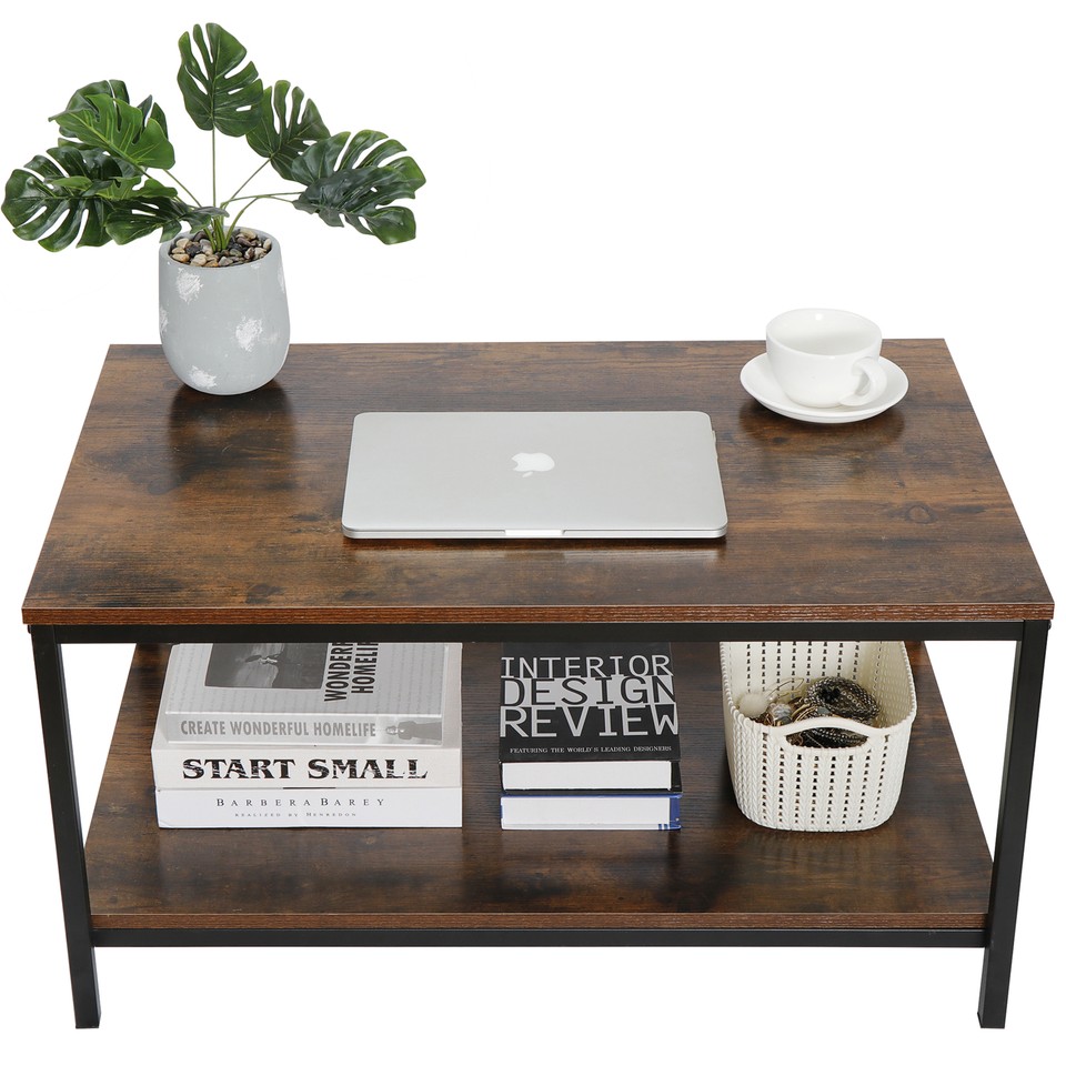2-Tier Small Coffee Table Rectangle Wood Side End Table w/ Storage ...