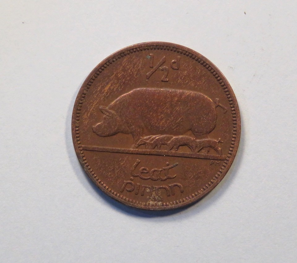 1937 1/2 Penny Ireland Bronze World Coin Irish Harp Sow Pig with Litter ...