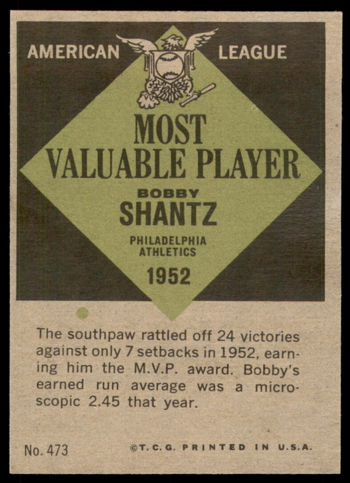 1961 Topps #473 Bob Shantz 1952 MVP Kansas City Athletics EX-EXMT (Wax ...