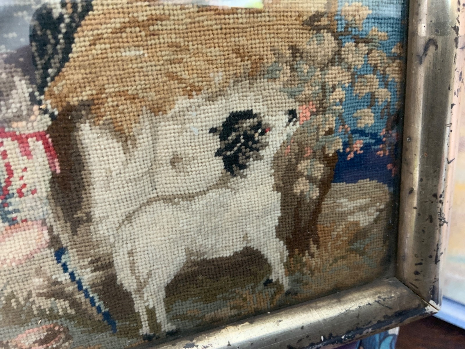 European Framed W/Glass Embroidery Charming Antique The Shepherd Boy ...