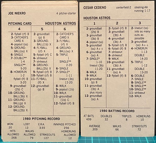 1980 HOUSTON ASTROS, STRAT-O-MATIC Baseball, ORIGINAL, EXCELLENT, 20 ...