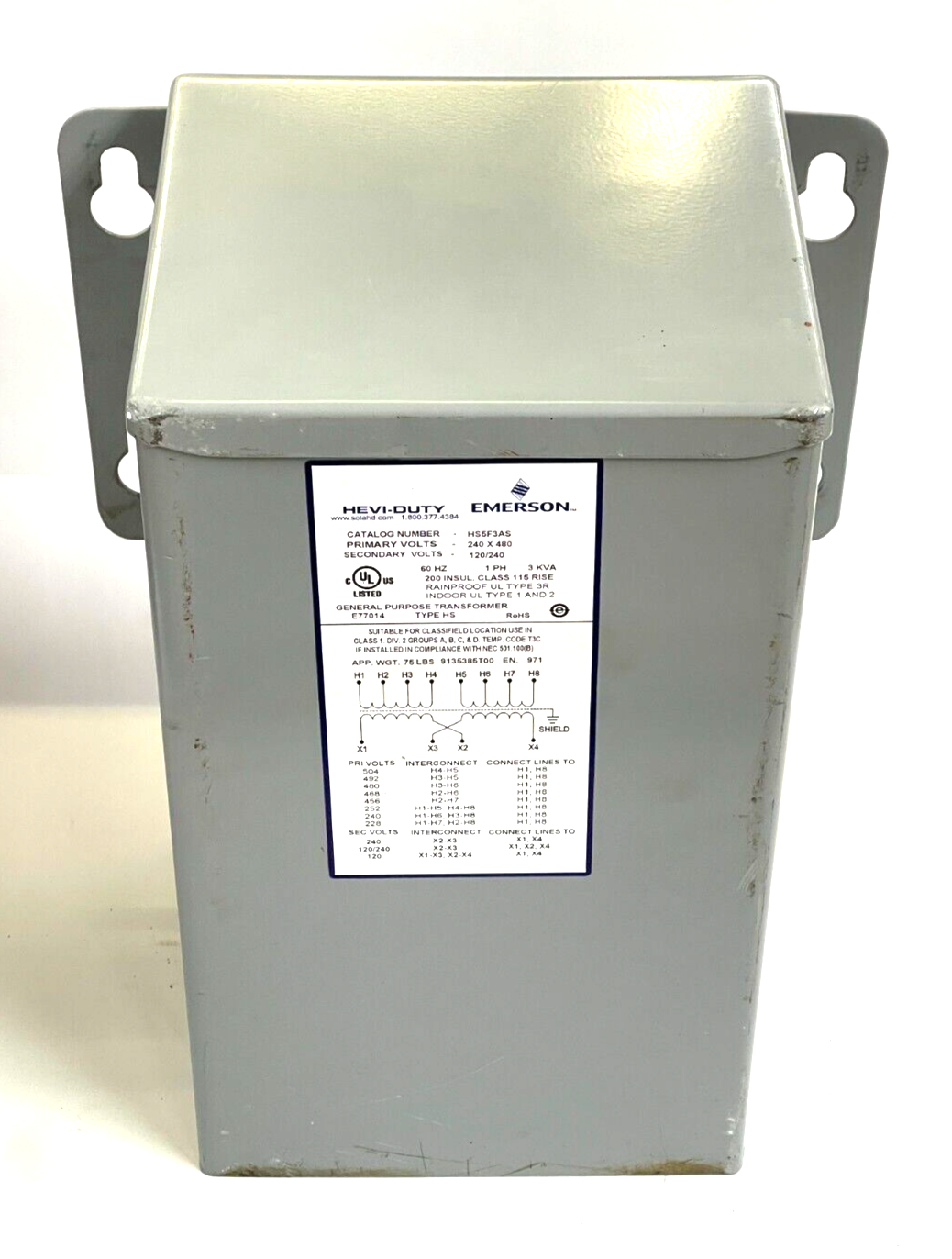 EMERSON HEVI-DUTY GENERAL PURPOSE WALL MOUNT TRANSFORMER HS5F3AS | eBay