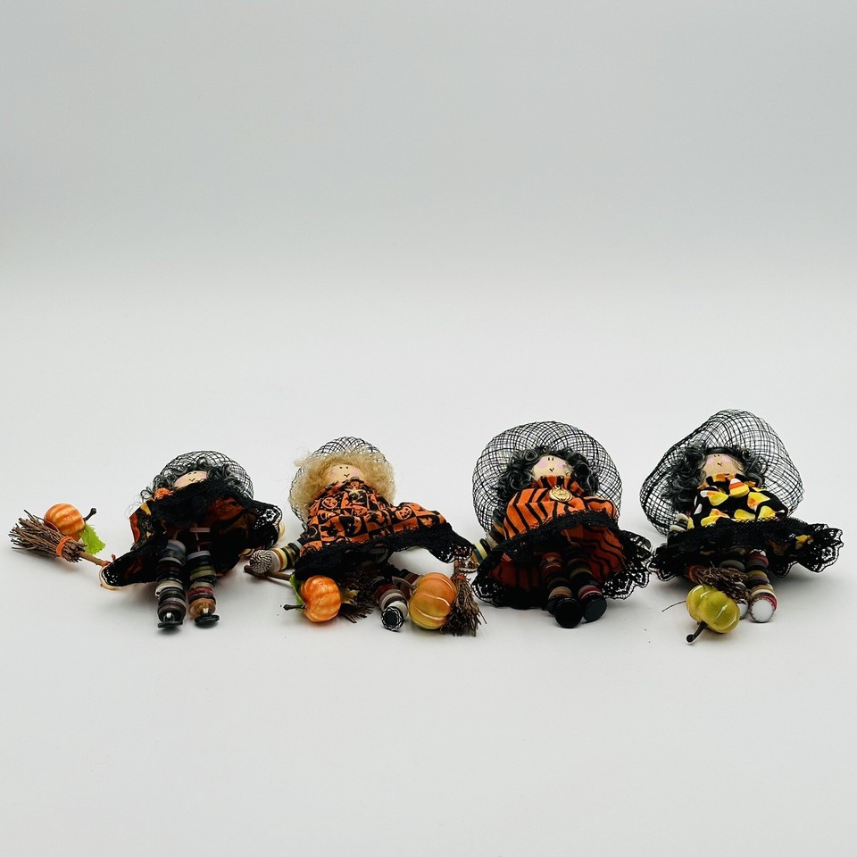 Artisan Halloween Witch Button Dolls 4pc Set Shelf Sitters SIGNED MARY ...