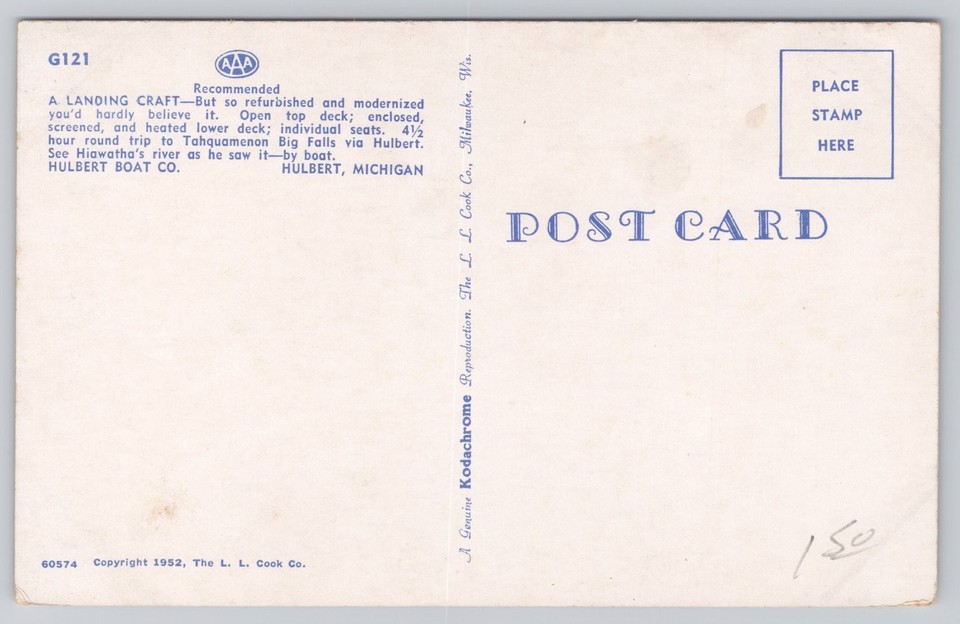 Vintage 1952 Hulbert Boat Co. Landing Craft Postcard Tahquamenon Falls ...
