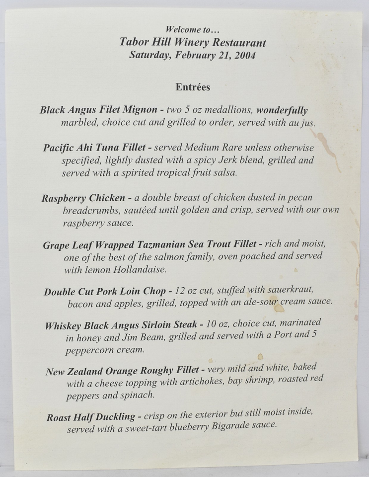 2004 Tabor Hill Winery Restaurant Menu 185 Mountain Mt Road Buchanan ...