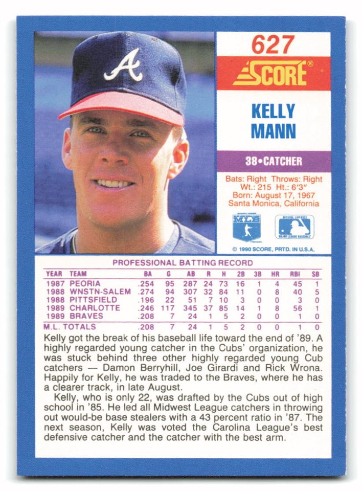 Kelly Mann 1990 Score BASEBALL #627 Atlanta Braves | eBay