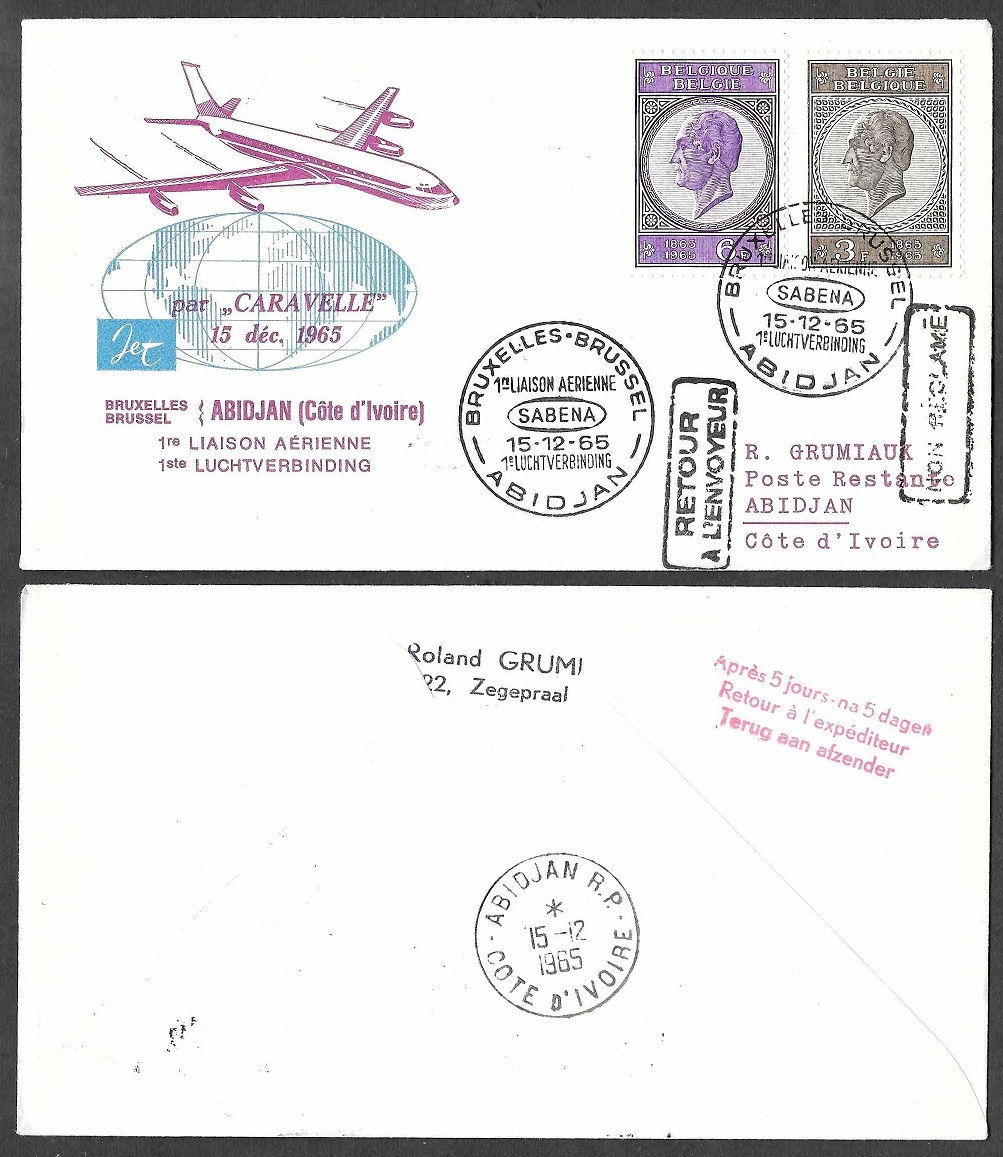 1965 Belgium Cover - Sabena Airlines First Jet Flight - To Ivory Coast ...