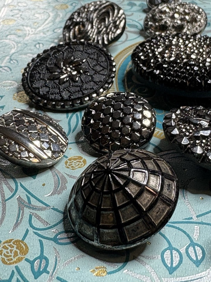 15 Vintage Black Glass Silver Luster Buttons Art Deco Plants Geometric ...