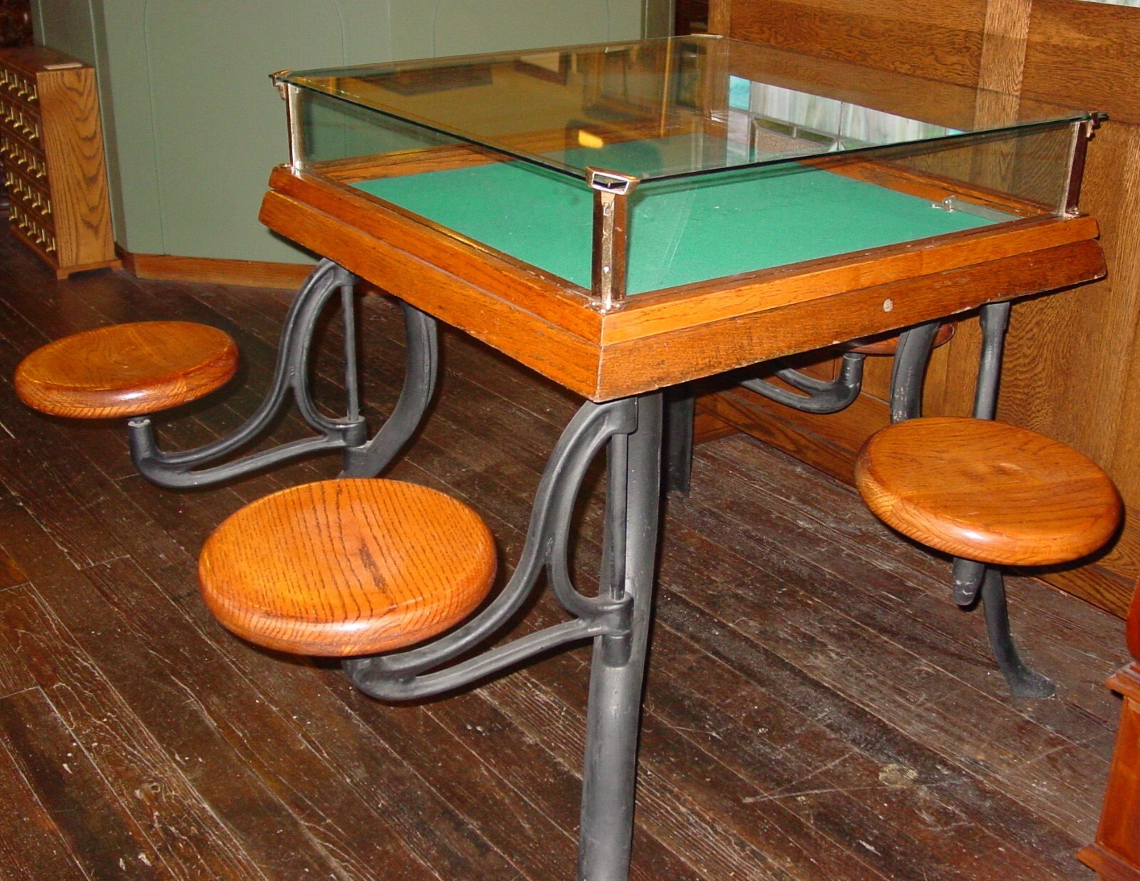 Very unusual antique jewelry display case table with swing out stools ...