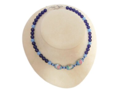 Blue Floral Lampwork Focal Bead Necklace, Handmade with Vintage and New ...