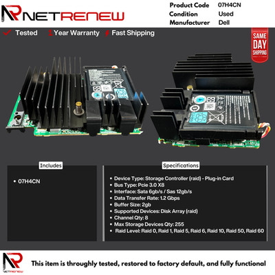 DELL PERC 07H4CN H730P 8-CHANNEL 12GB MINI MONO SAS RAID CONTROLLER w ...