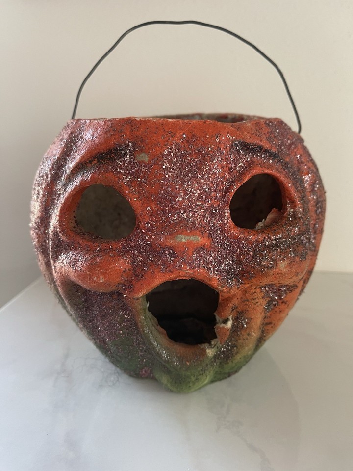 1930's Pulp Paper Mache Choir Boy Face Pumpkin Orange Green Lantern ...