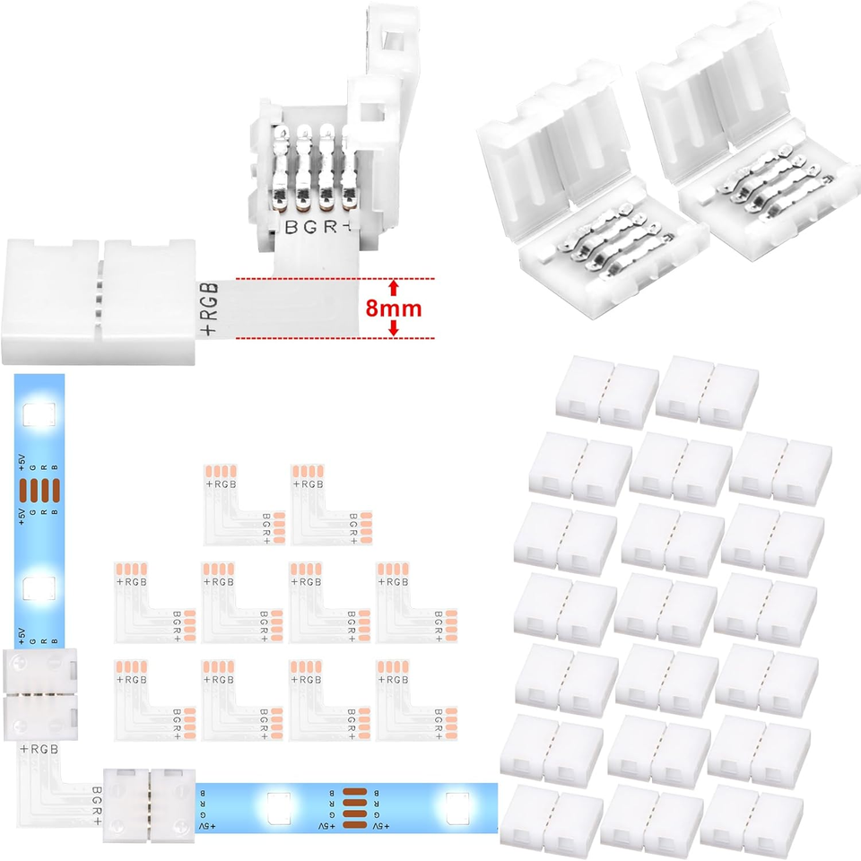 L Shape LED Strip Connectors 10-Pack with 20 Clips for 8Mm 4-Pin Strip ...