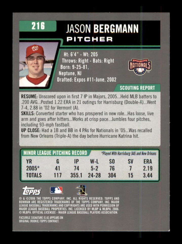 2006 Baseball Bowman Jason Bergmann Washington Nationals #216 Gold RC2 ...