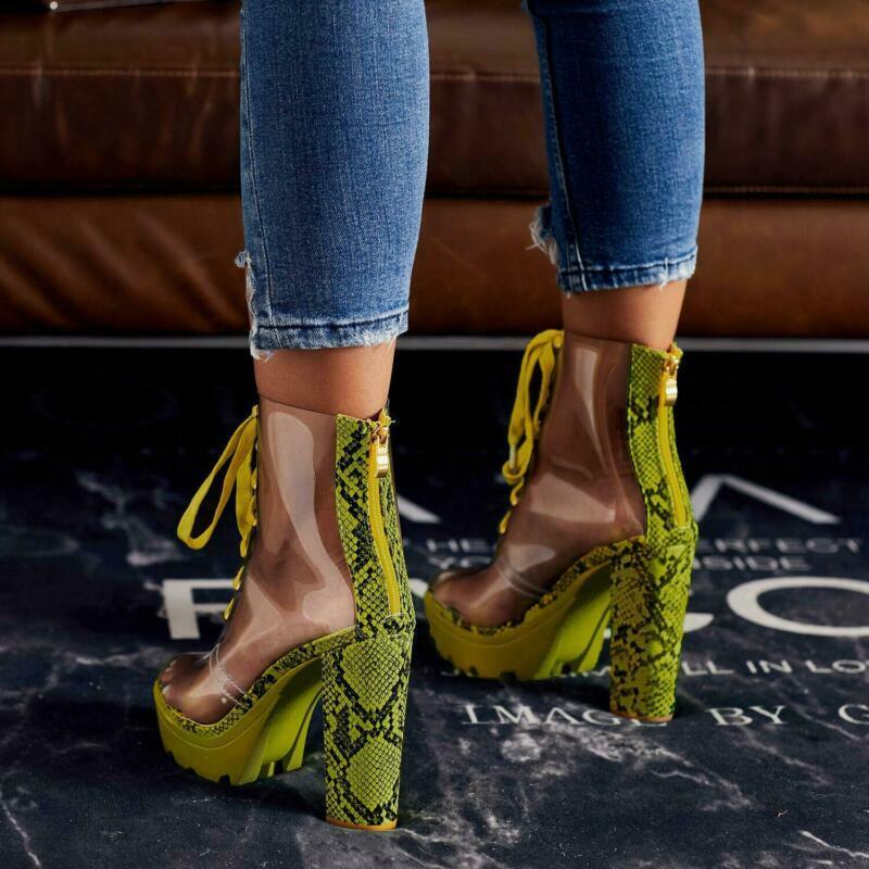 PVC Sandals Women Shoe Round Toe Platform High Heels Ankle Boots Lace ...