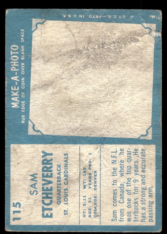 1961 Topps Sam Etcheverry #115 St. Louis Cardinals Football Card | eBay