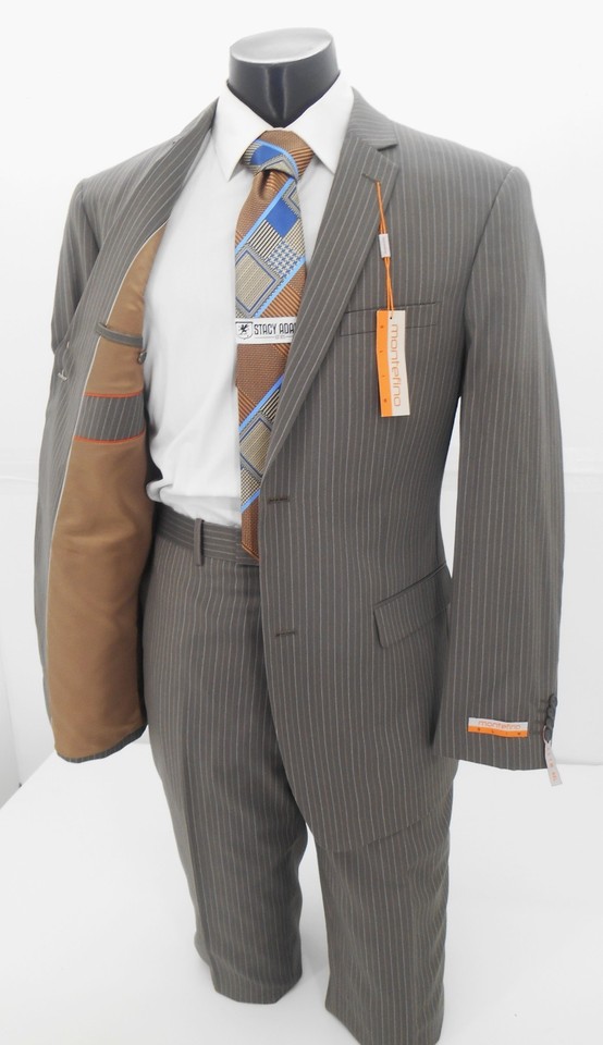 Montefino Taupe Pinstripe Slim Men's Suit 100% Wool 44L / 38W $89.99 | eBay