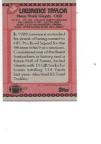 Lawrence Taylor 1990 Topps All Pro Football Card #52 New York Giants ...